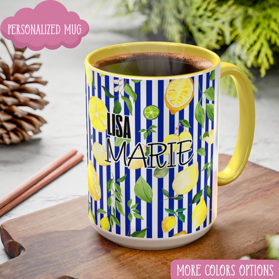Personalized Lemon Stripe Coffee Mug, Lemons Coffee Cup, Summer Vibes ...
