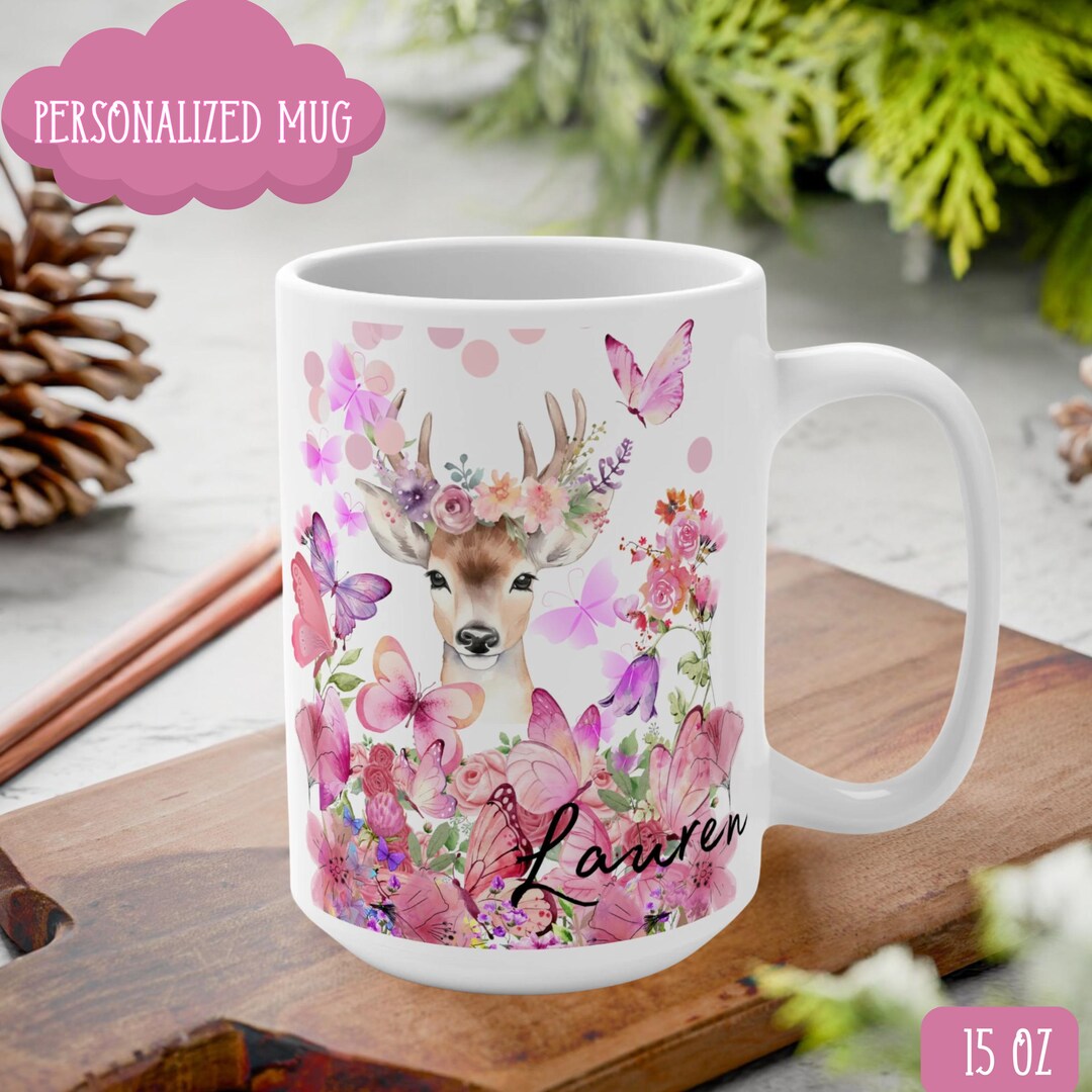 Custom Floral Deer Coffee Mug, Hot Cocoa Mug Gift for Her, Enchanted ...