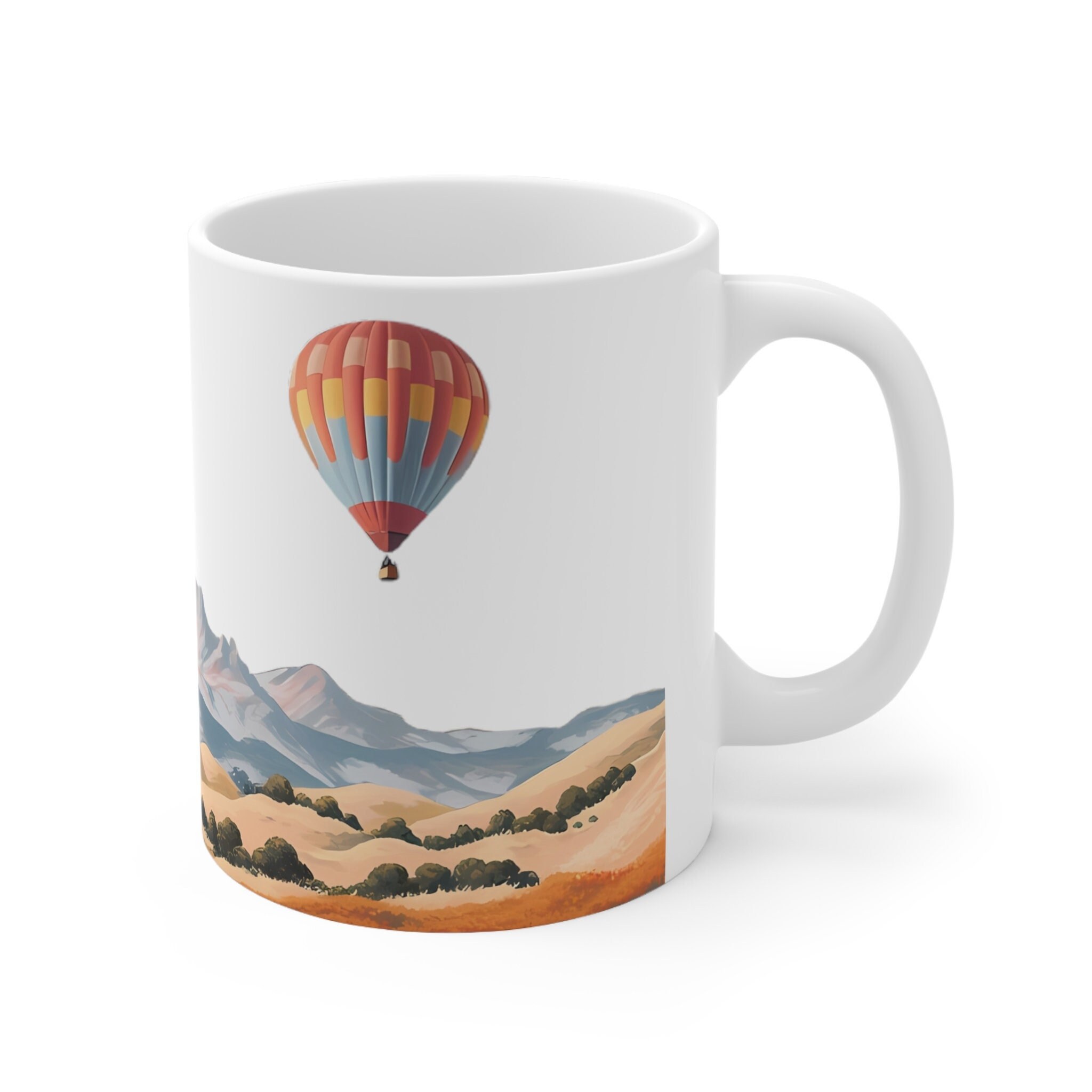 Hot Air Balloon Mountain Mug Nature Inspired Outdoor Design Watercolor ...