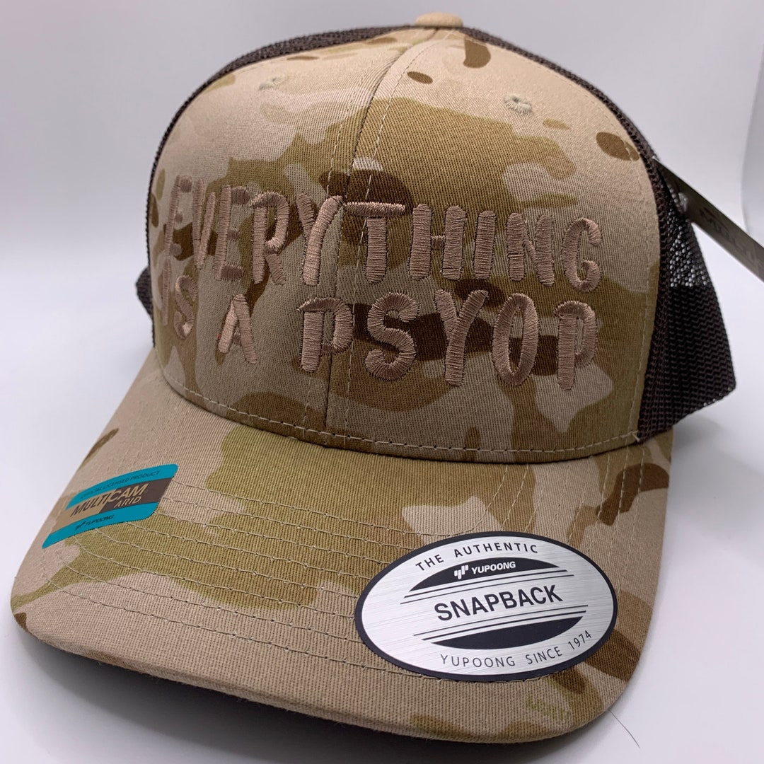 Everything is a PSYOP Upside Down American Flag Brown Desert Camo Multicam Snapback Trucker Cap ...