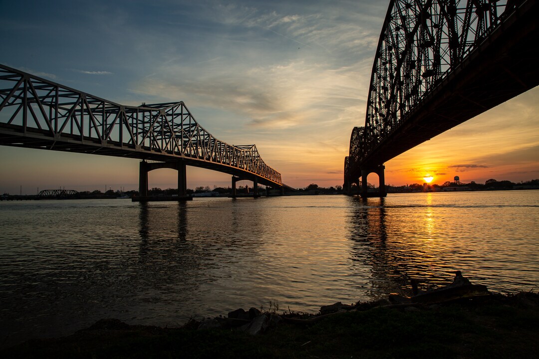 Bridges at Sunset, Cantilever Bridges, Sunset, River, Louisiana ...