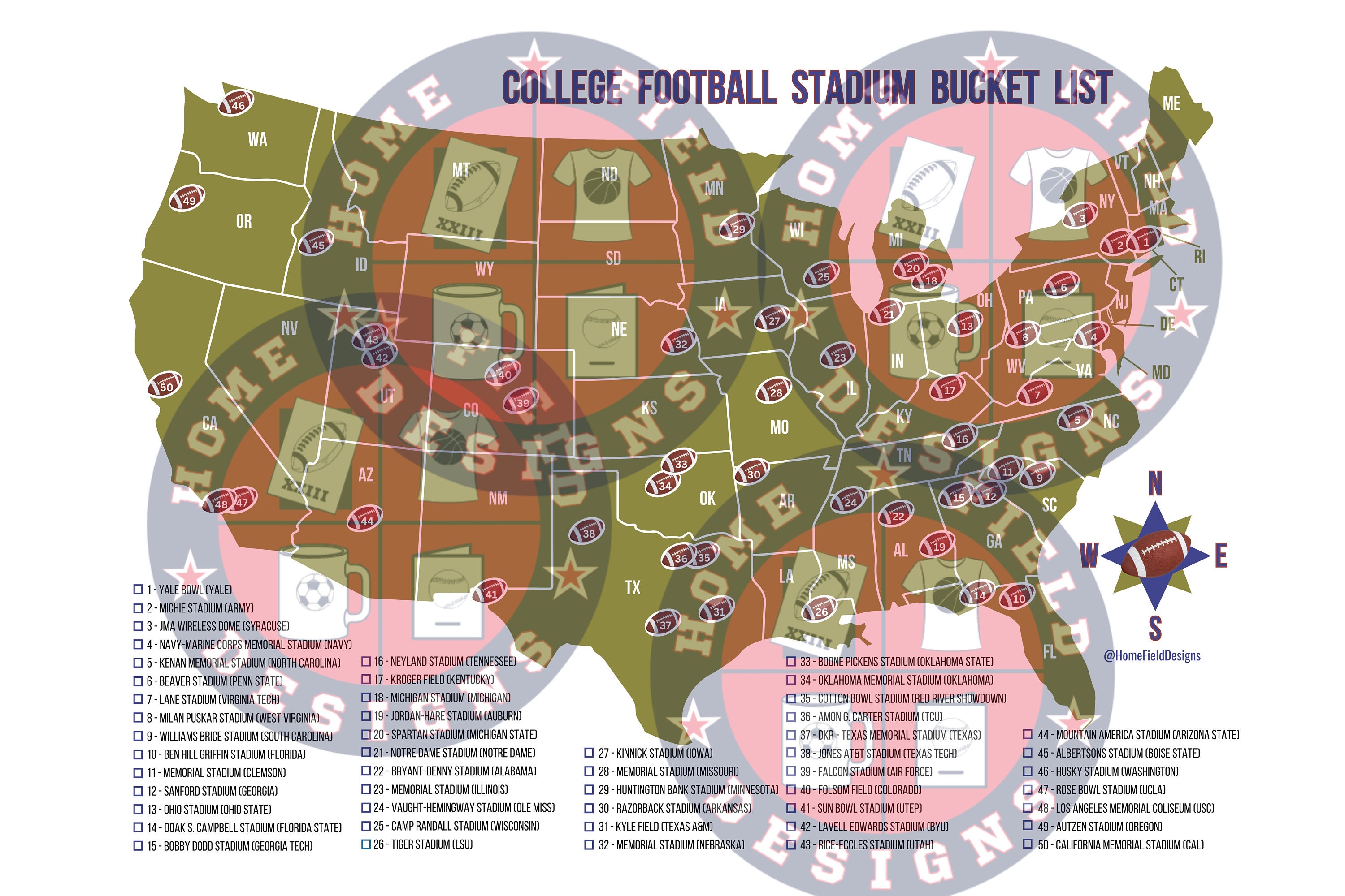 College Football Stadium Bucket List Poster | 50 Greatest NCAA Football ...