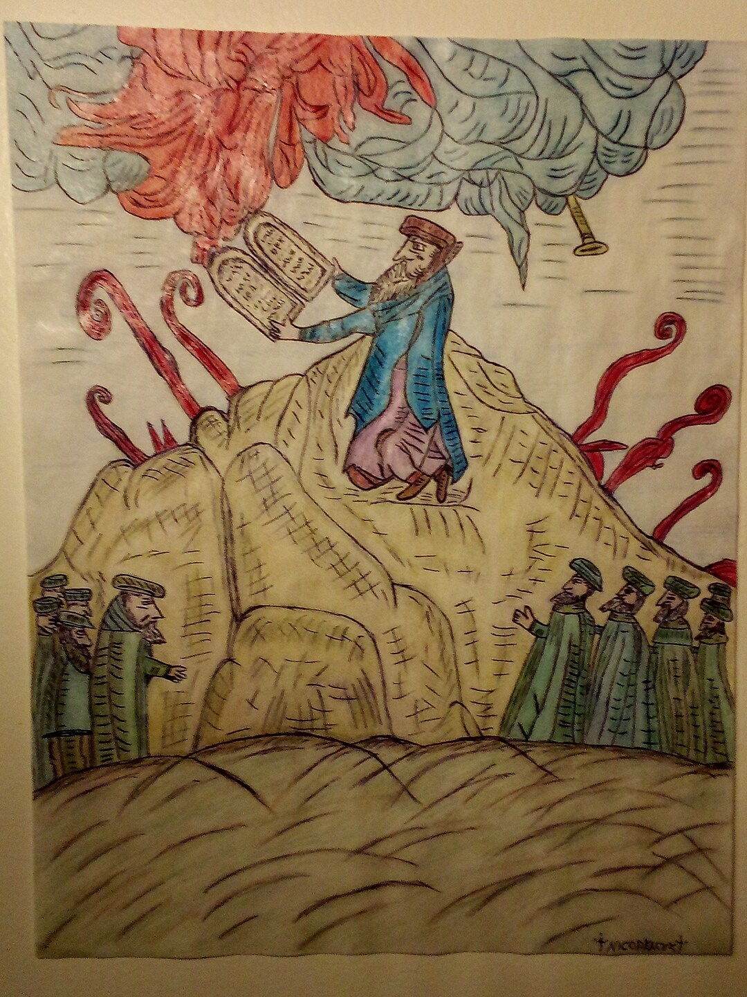 Moses Receiving the Ten Commandments Jewish Art Hand Drawn and Colored ...