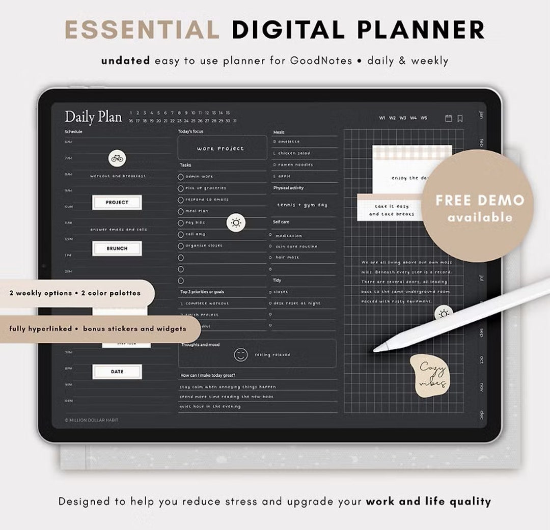 Dark Digital Planner 2024, Undated Digital Planner, Goodnotes Planner ...