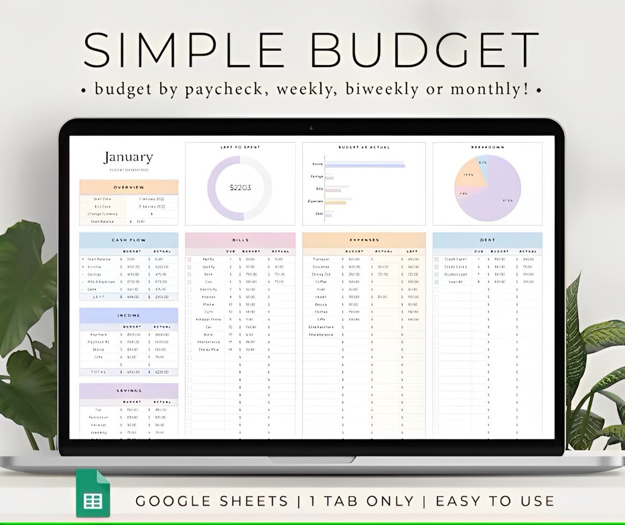 Simple Excel Budget Template, Simple Monthly Budget, Finance Tracker ...