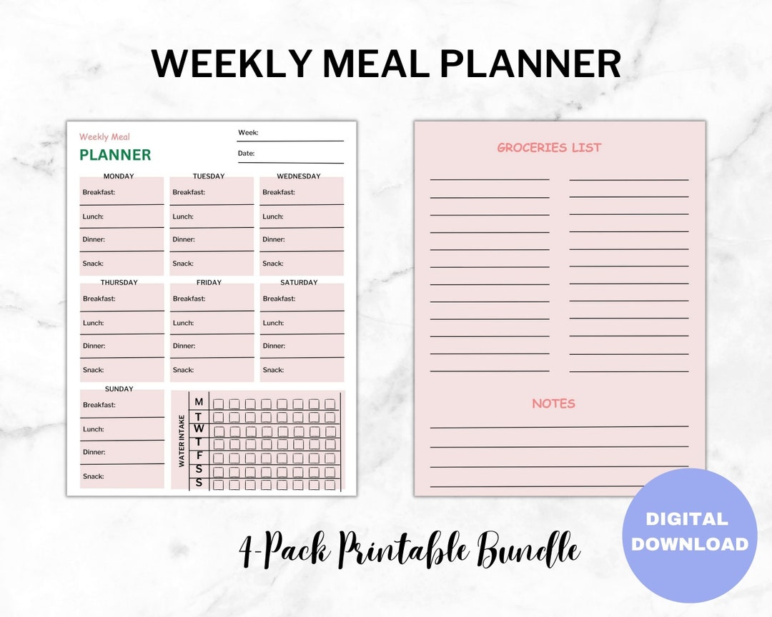 Weekly Meal Planner, Groceries List, Water Intake Tracker, Recipe - Etsy