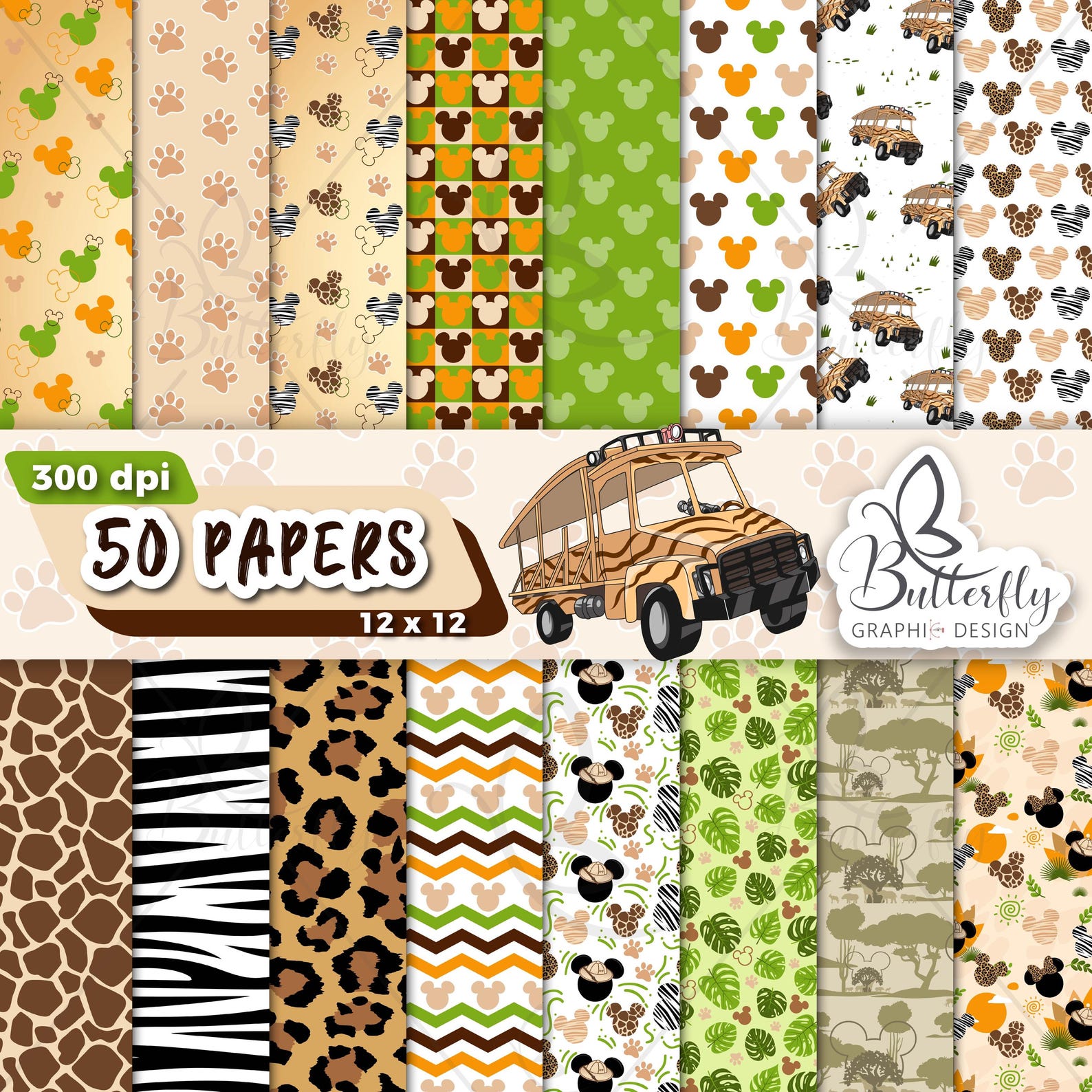 Mouse Safari Digital Paper, Scrapbook Safari, Animal Kingdom Paper - Etsy