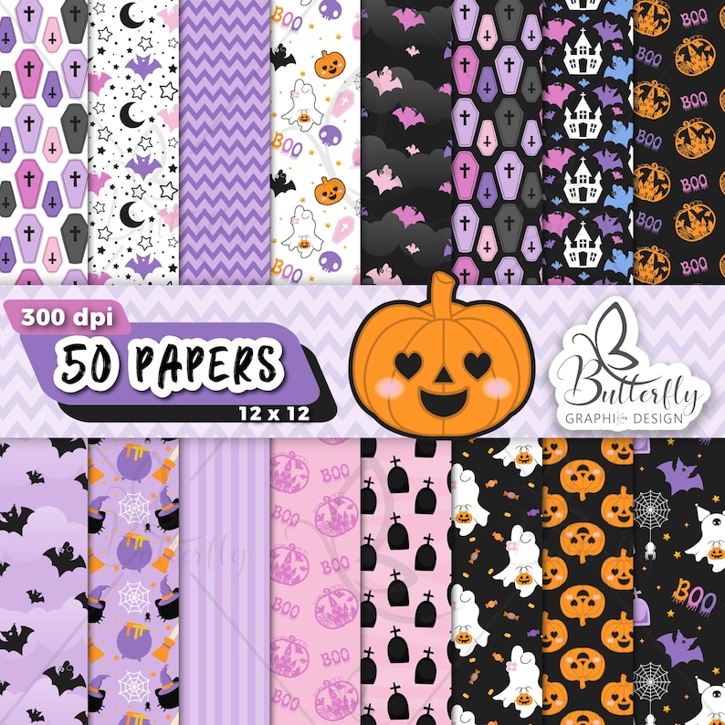Kawaii Kitty and Friends Halloween Digital Paper, Scrapbook Halloween ...