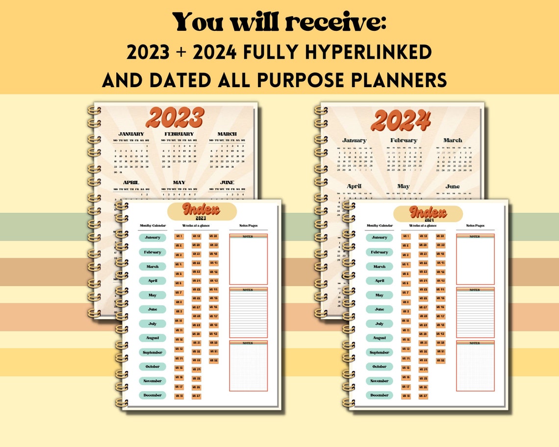 Retro Digital Planner, 2023 2024 Fully Hyperlinked Digital Planner ...