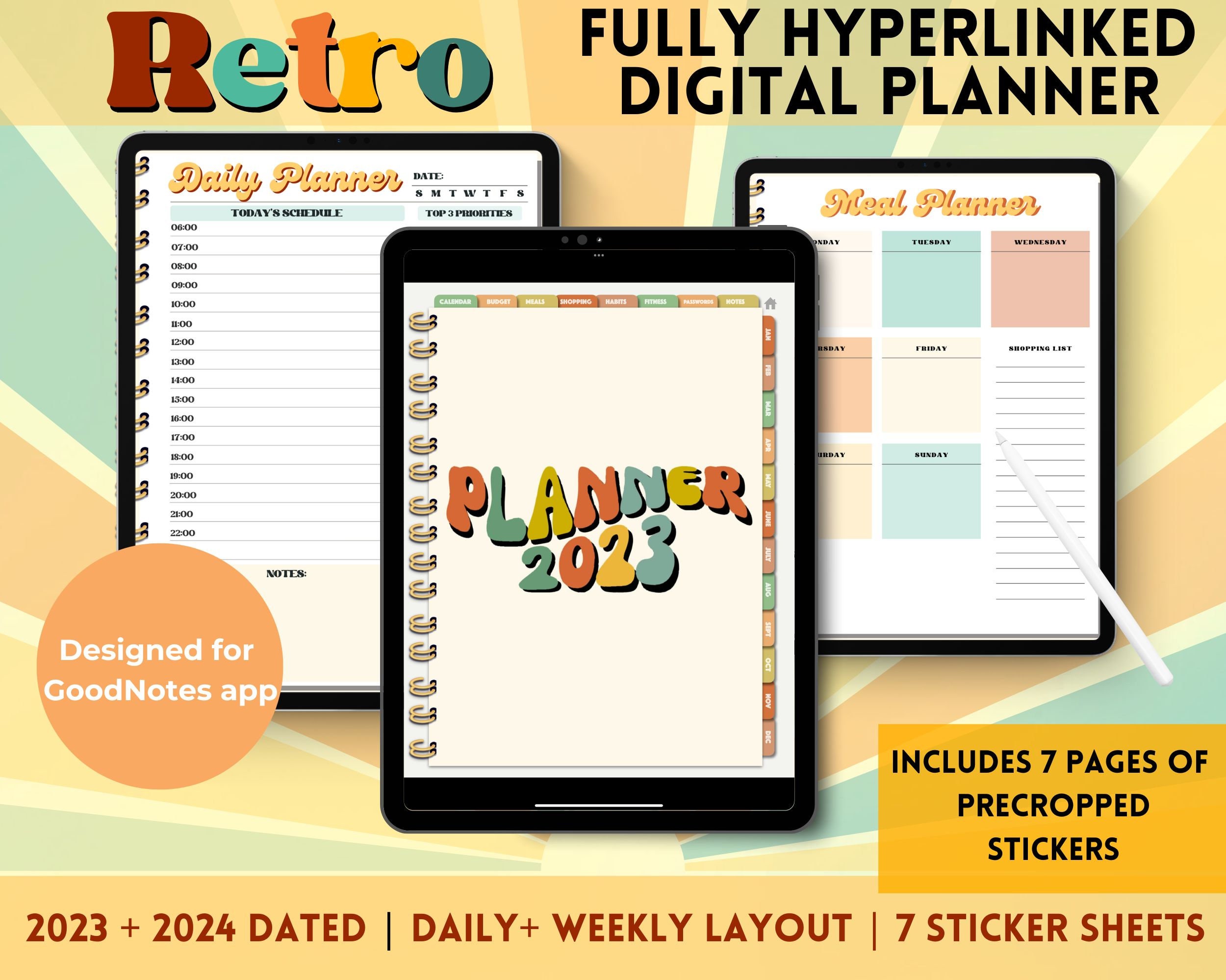 Retro Digital Planner, 2023 2024 Fully Hyperlinked Digital Planner ...