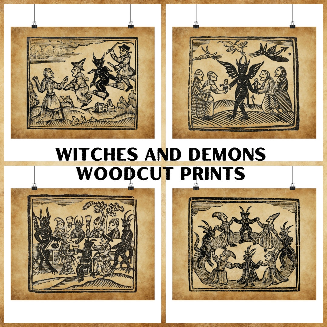 Witches and Devils Woodcut Prints, 1700s, Dancing, Dining, Flying ...