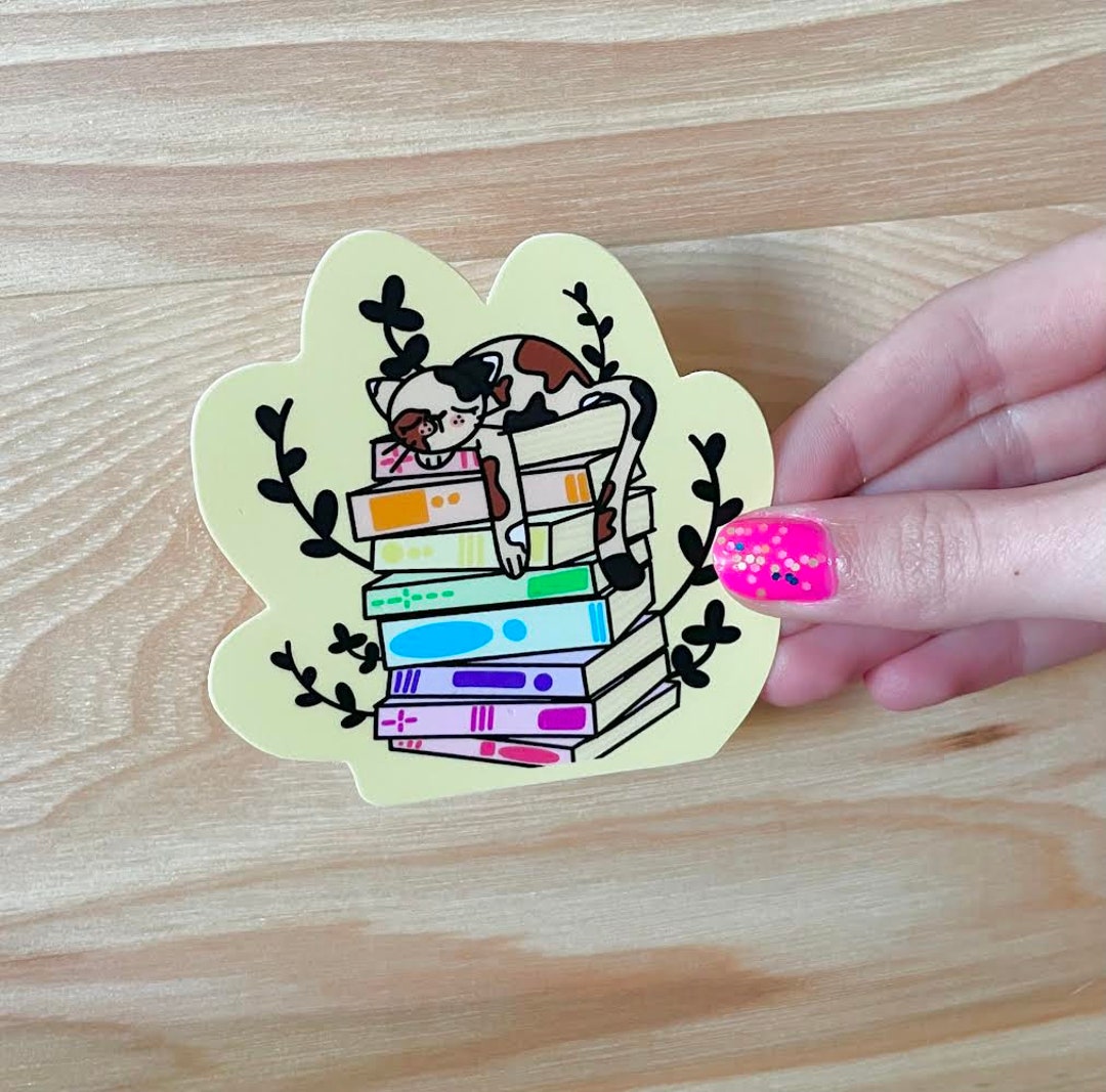 Cat on a Stack of Books Sticker - Etsy
