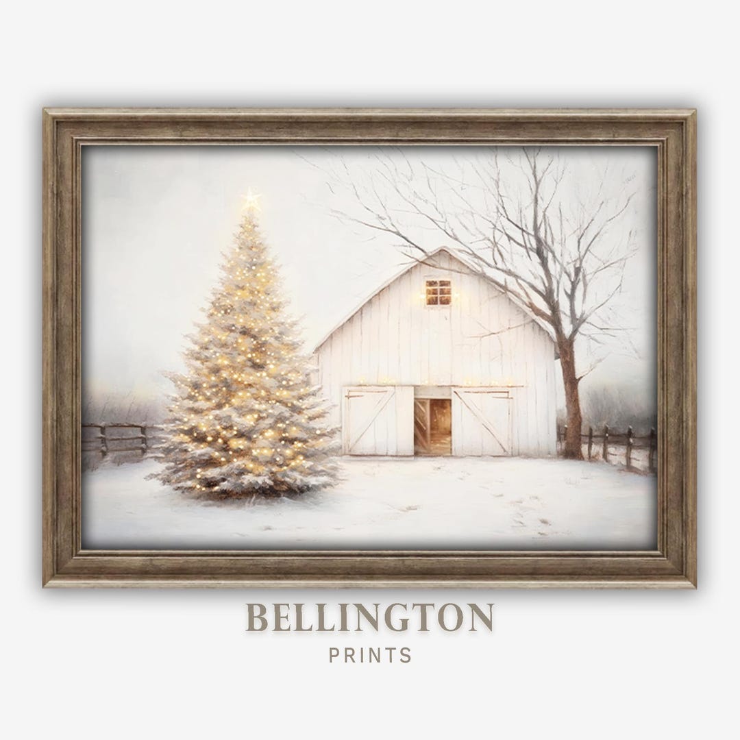 Winter Barn Christmas Tree Print: Rustic Farmhouse Landscape (digital ...