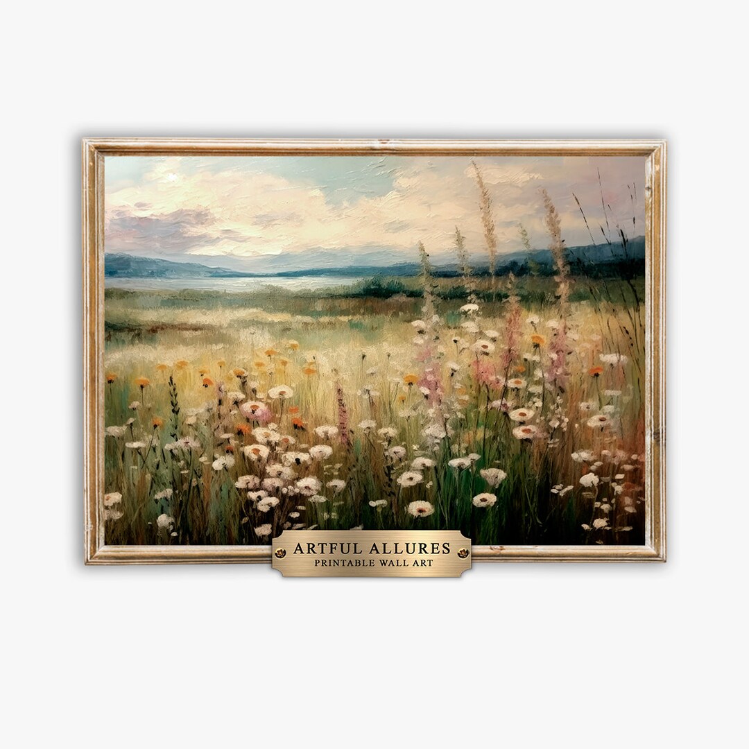 Printable Vintage Wildflower Field Oil Painting, Vintage Landscape ...