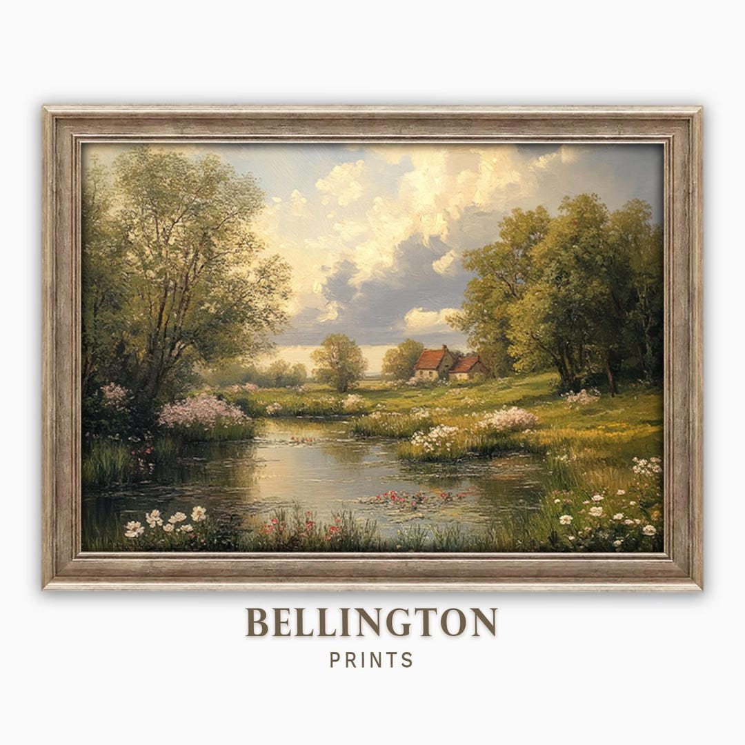 Vintage Cottagecore Landscape Print: Rustic River, Floral Field ...