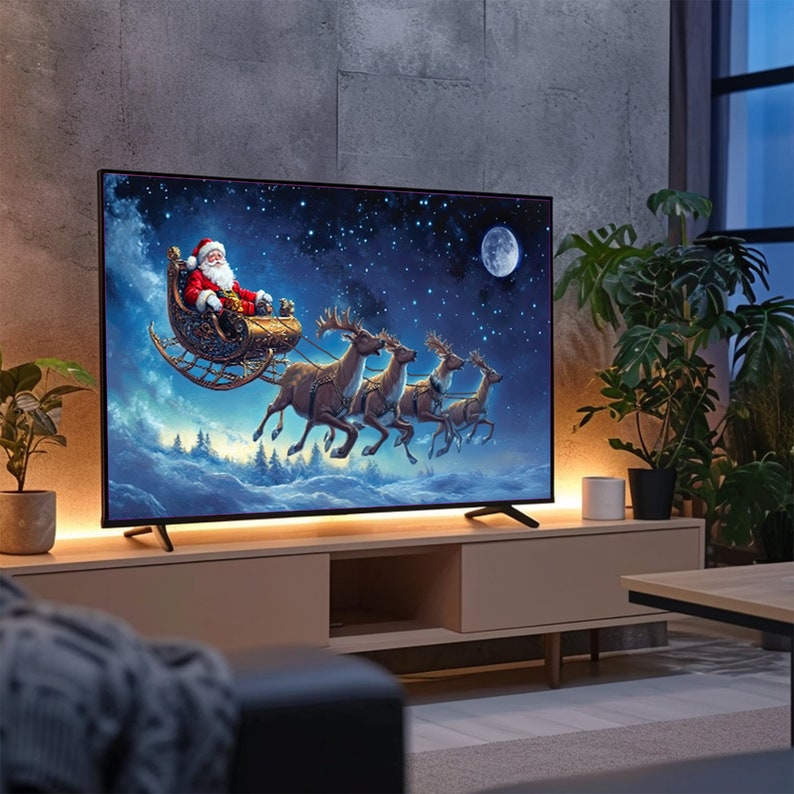 Santa Claus Sleigh and Reindeer Samsung Frame TV Art, Christmas Santa ...
