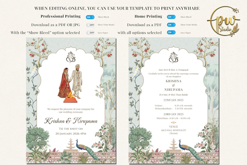 Traditional South Indian Wedding Invitation Suite, Illustrated Hindu ...