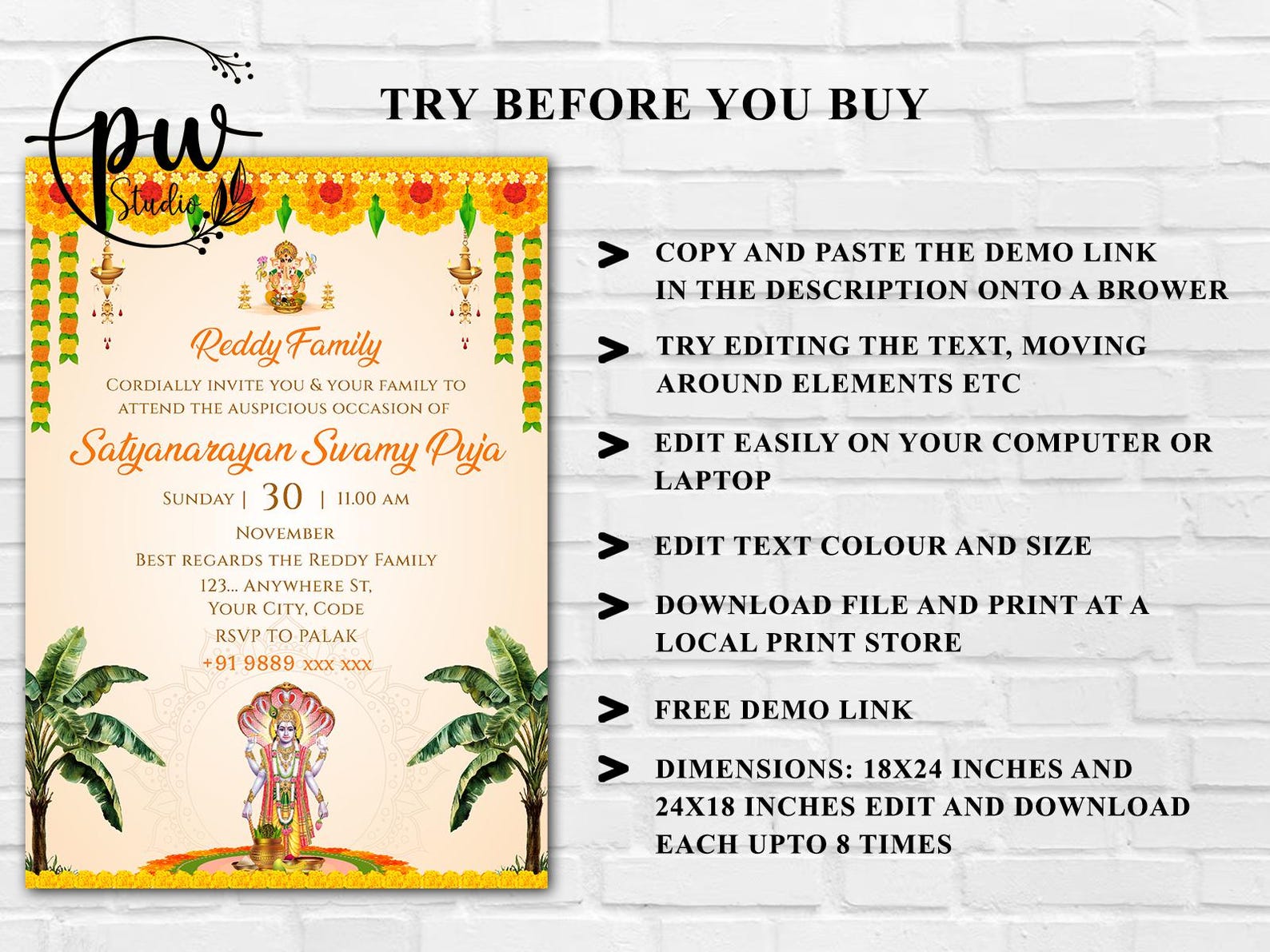 Sri Satyanarayana Pooja Invitation | Editable Satyanarayan Katha Invite ...