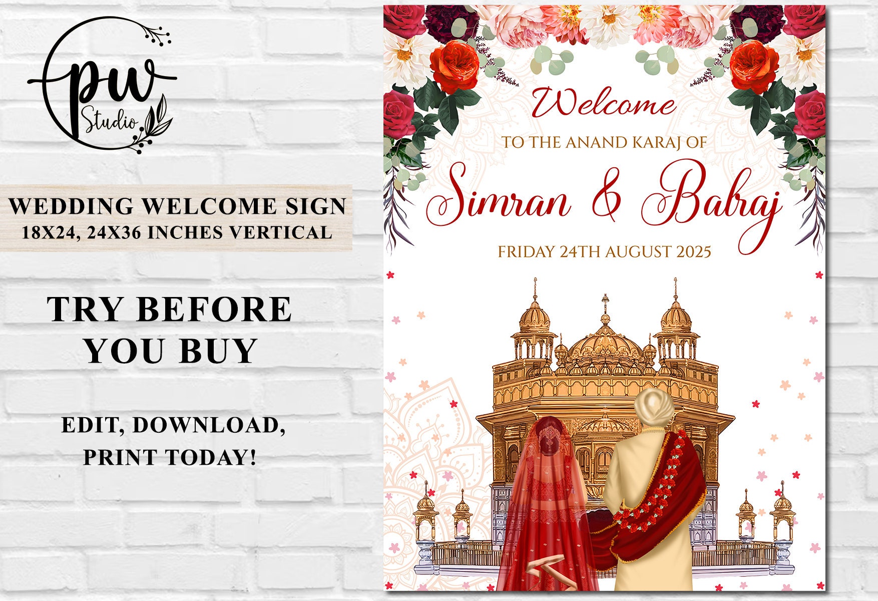 Welcome Anand Karaj Signs, Welcome Sikh Wedding Sign & Sikh Wedding ...