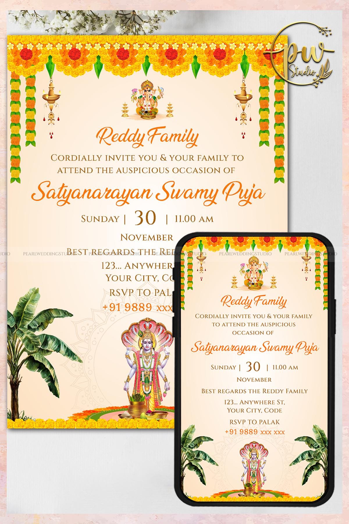 Sri Satyanarayana Pooja Invitation | Editable Satyanarayan Katha Invite ...