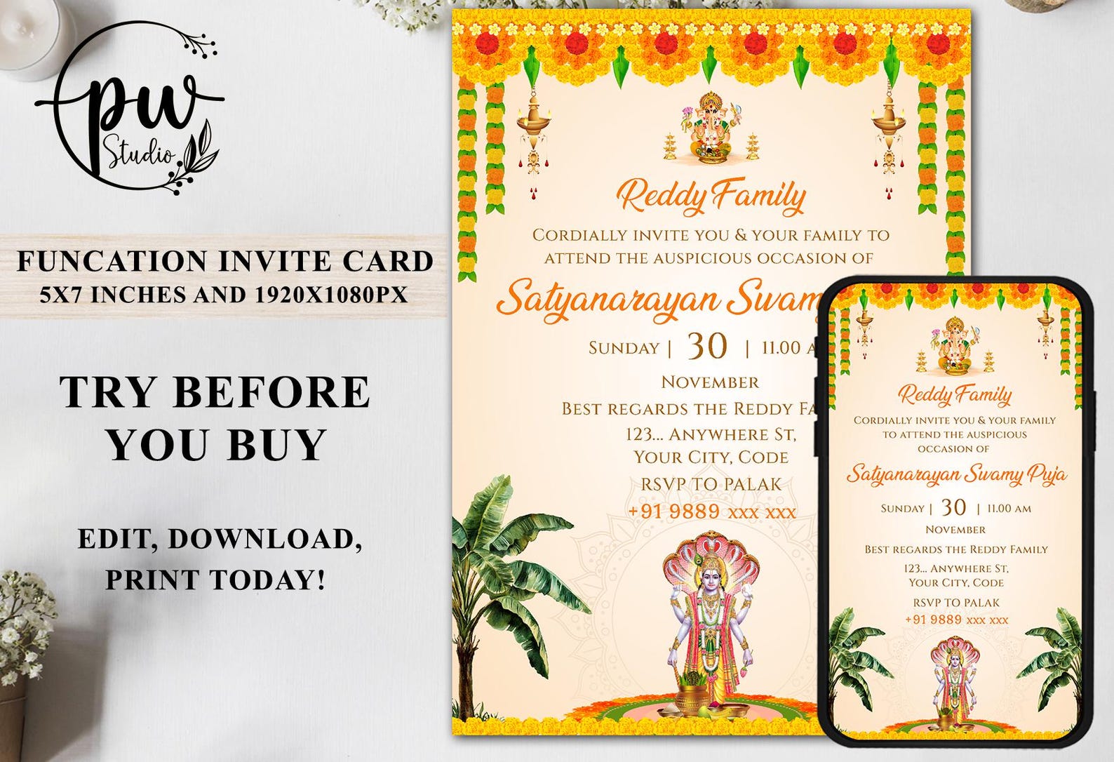 Sri Satyanarayana Pooja Invitation | Editable Satyanarayan Katha Invite ...