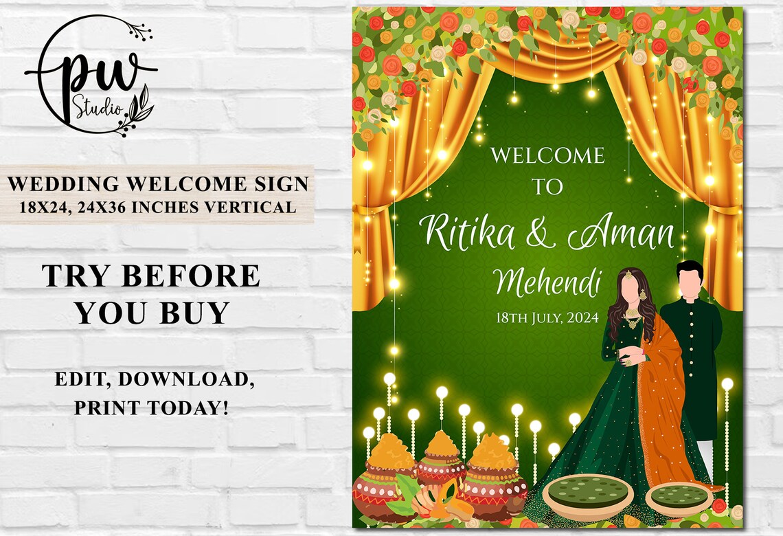 Custom Mehendi Welcome Sign, Indian Wedding Decor, Personalized Couple ...