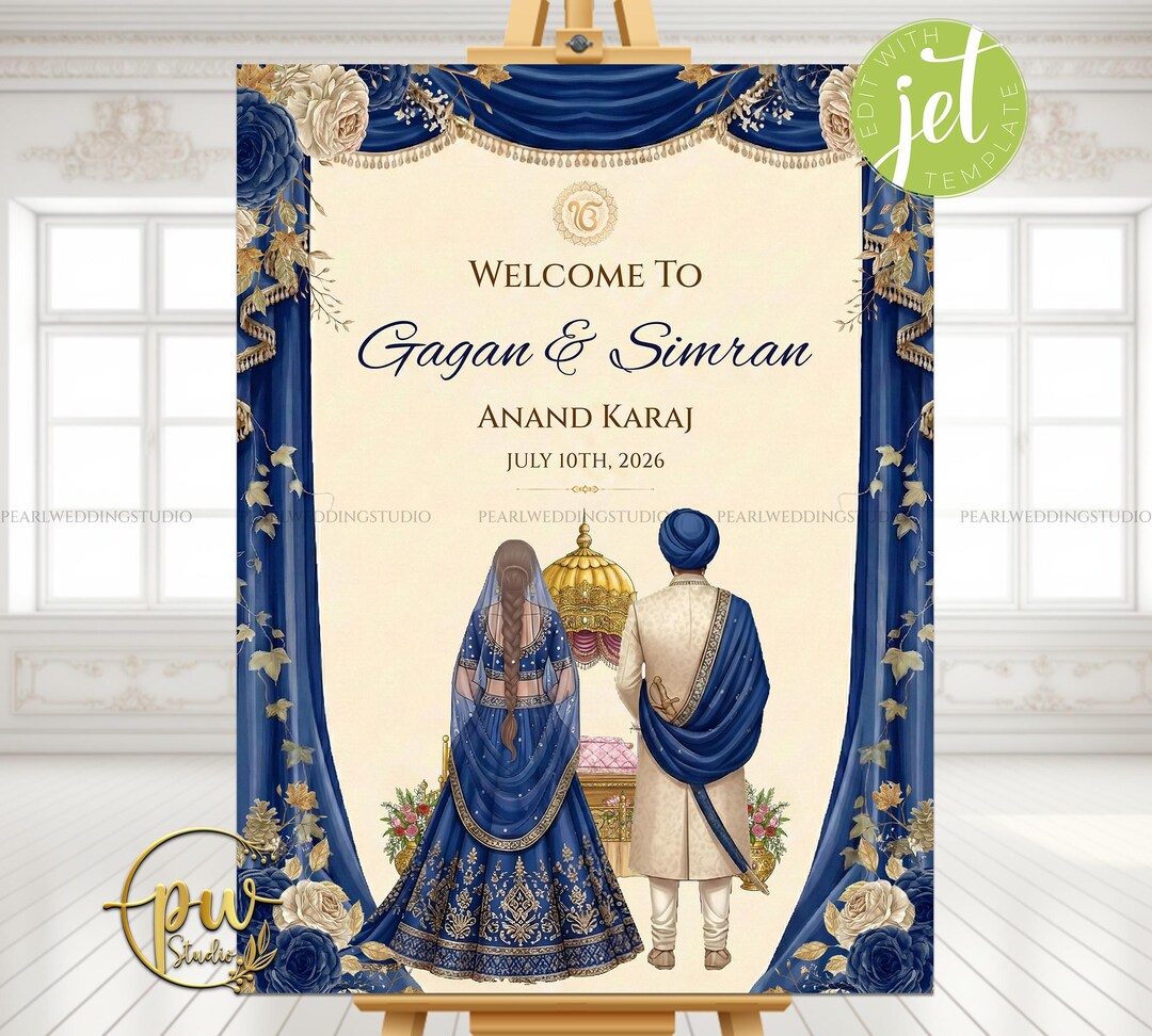 Sikh Wedding Welcome Sign, Royal Blue Anand Karaj Welcome Board ...