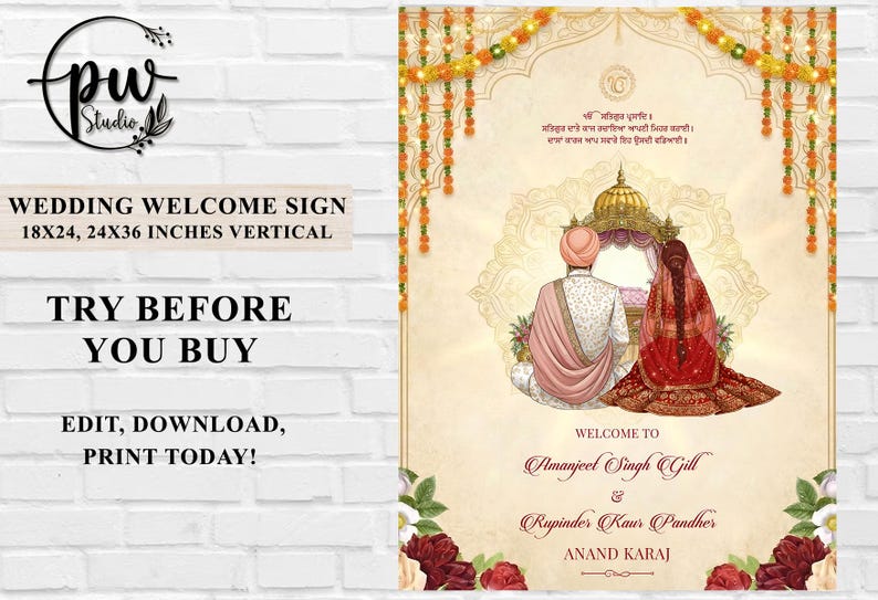 Anand Karaj Welcome Sign Printable, Sikh Wedding Welcome Poster ...