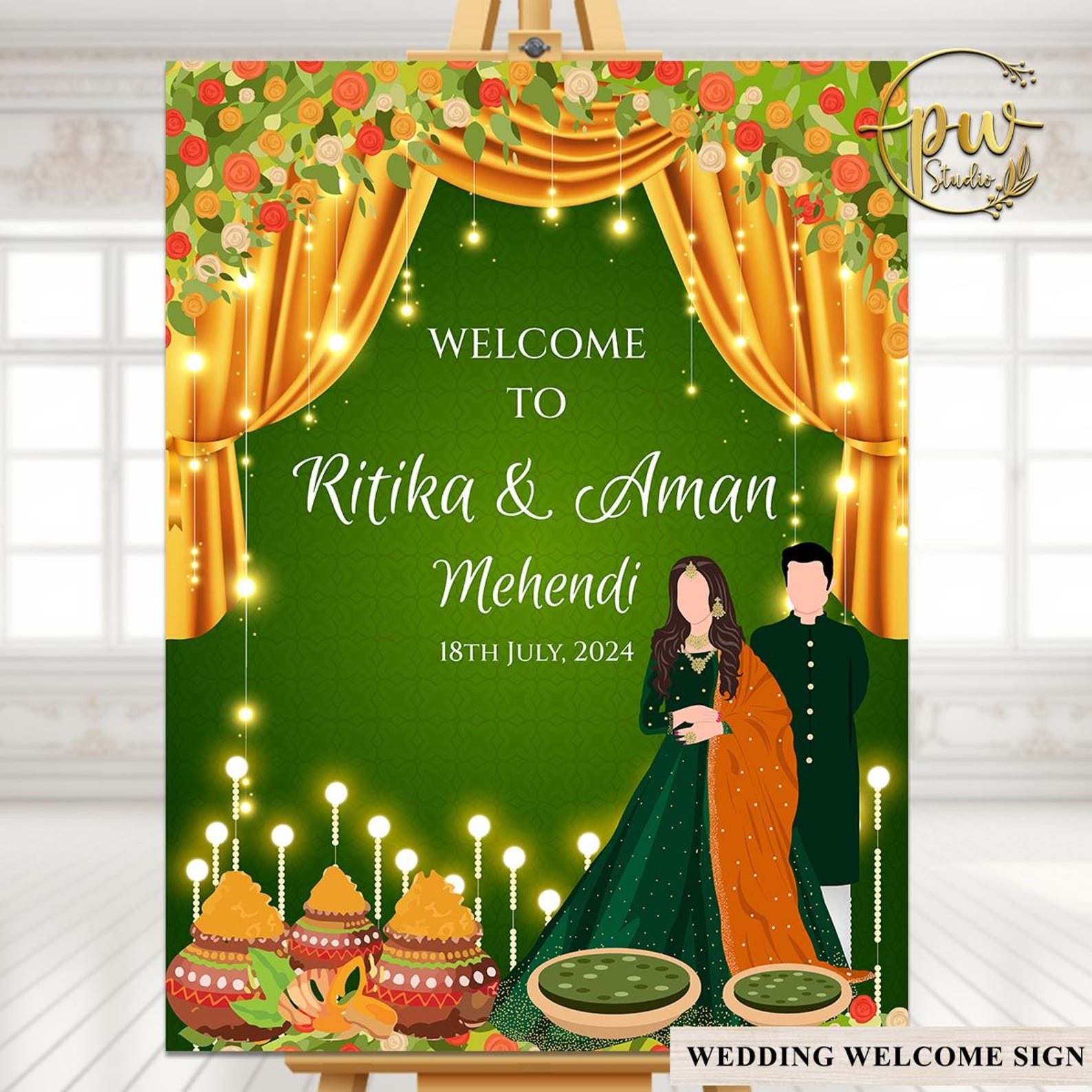 Custom Mehendi Welcome Sign, Indian Wedding Decor, Personalized Couple ...