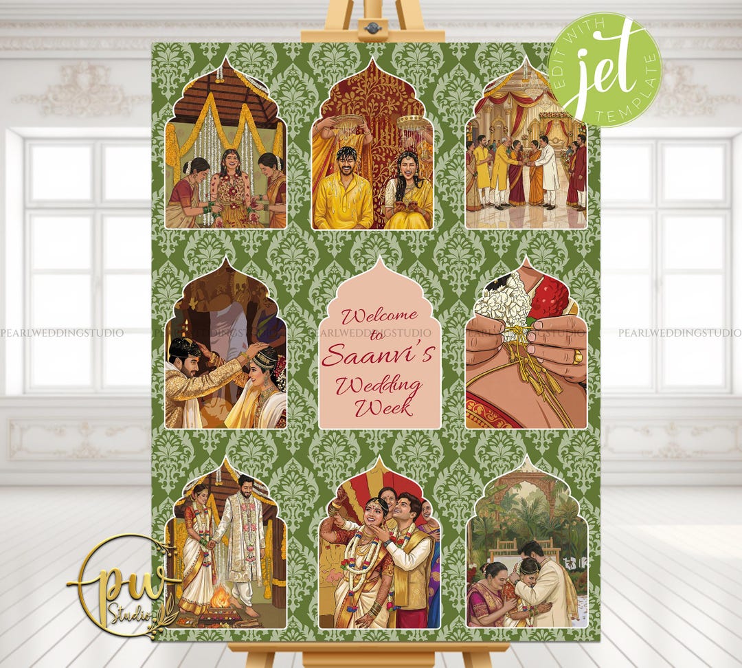 Indian Wedding Week Welcome Sign Illustration, Custom Bridal Ceremony ...