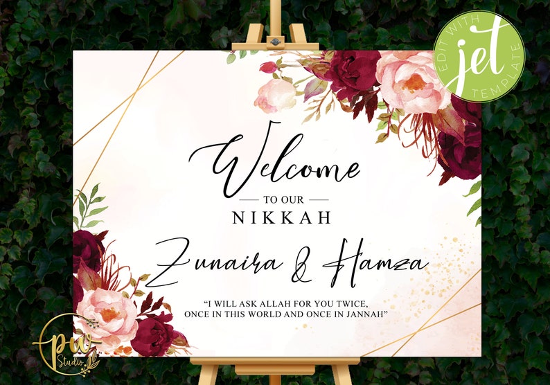Floral Nikah Welcome Sign, Muslim Wedding, Mendhi Signage (digital ...