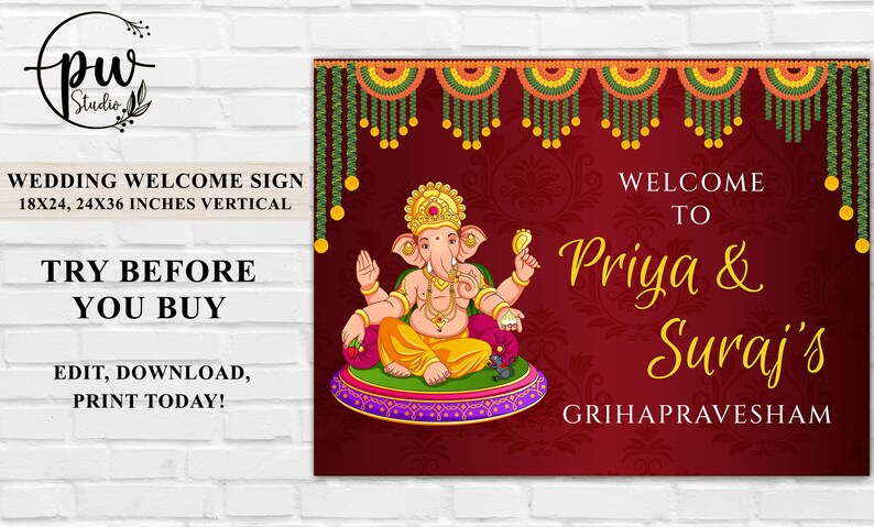 Ganesh Puja Sign Gruhapravesam Poster, Indian Pooja Welcome Sign ...