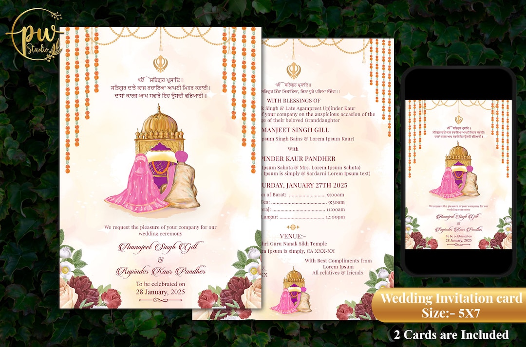Punjabi Wedding Card as Anand Karaj Invitation & Sikh Wedding Invite ...