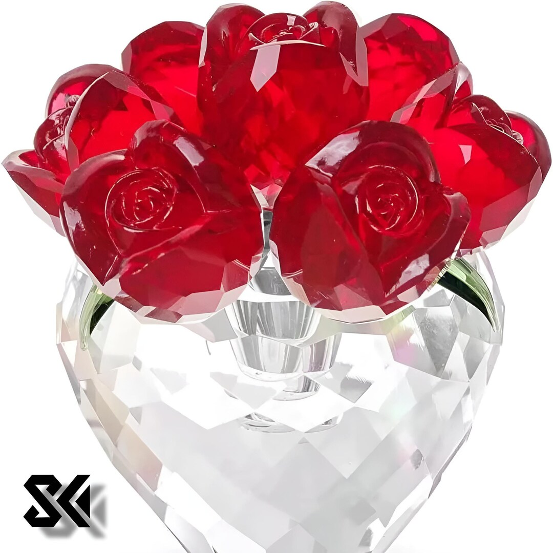 Crystal Rose Glass Flower Figurine With Vase Elegant Spring Bouquet ...