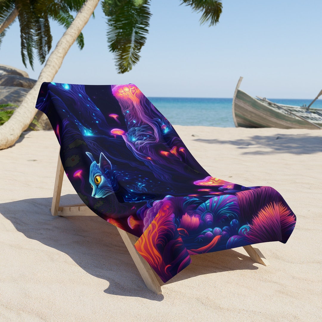 XL Beach Towels Neon Dream Cat and Bioluminescent Mushroom Towel 5ft or ...