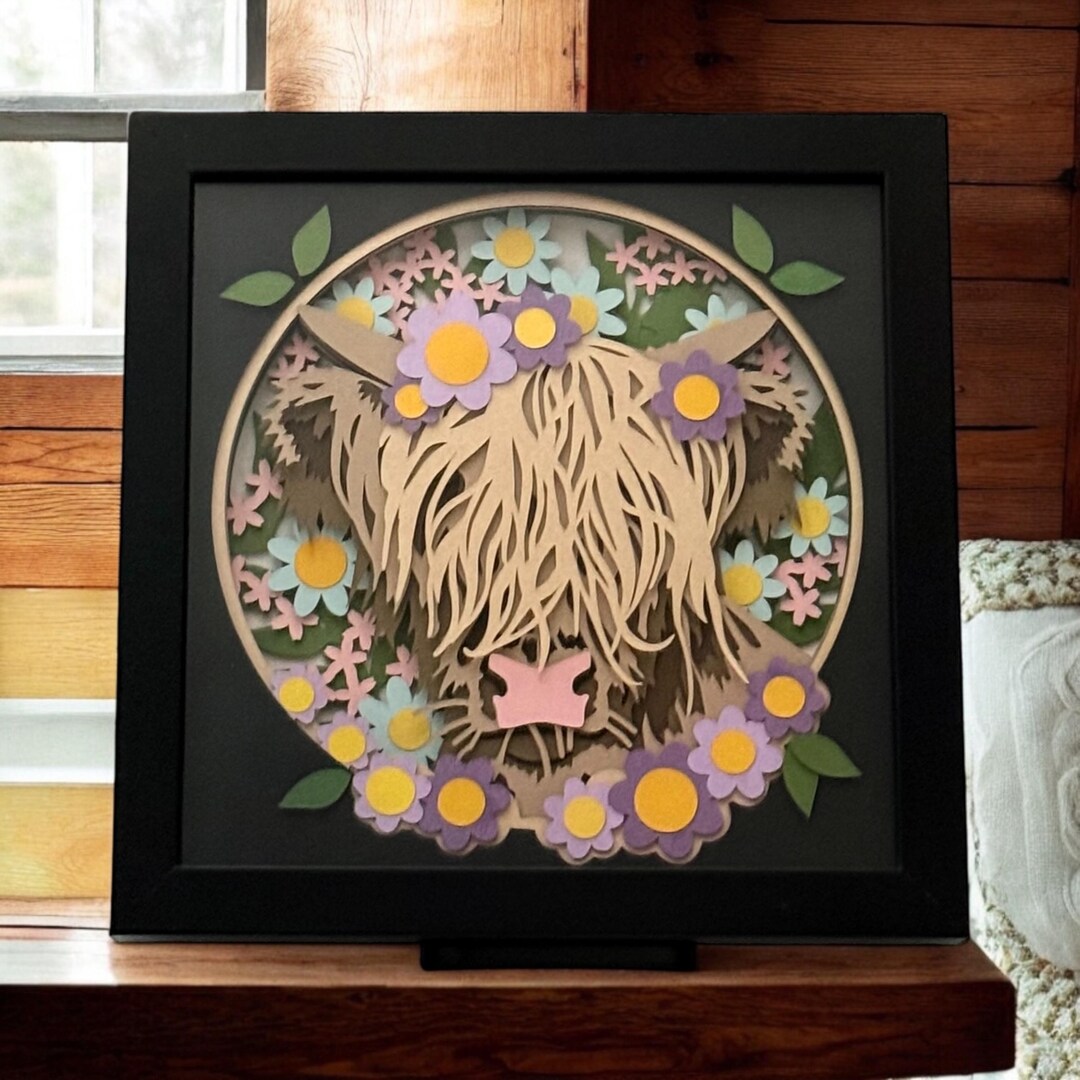 3D Floral Highland Cow Shadow Box: Layered Paper Art, Farmhouse Decor ...