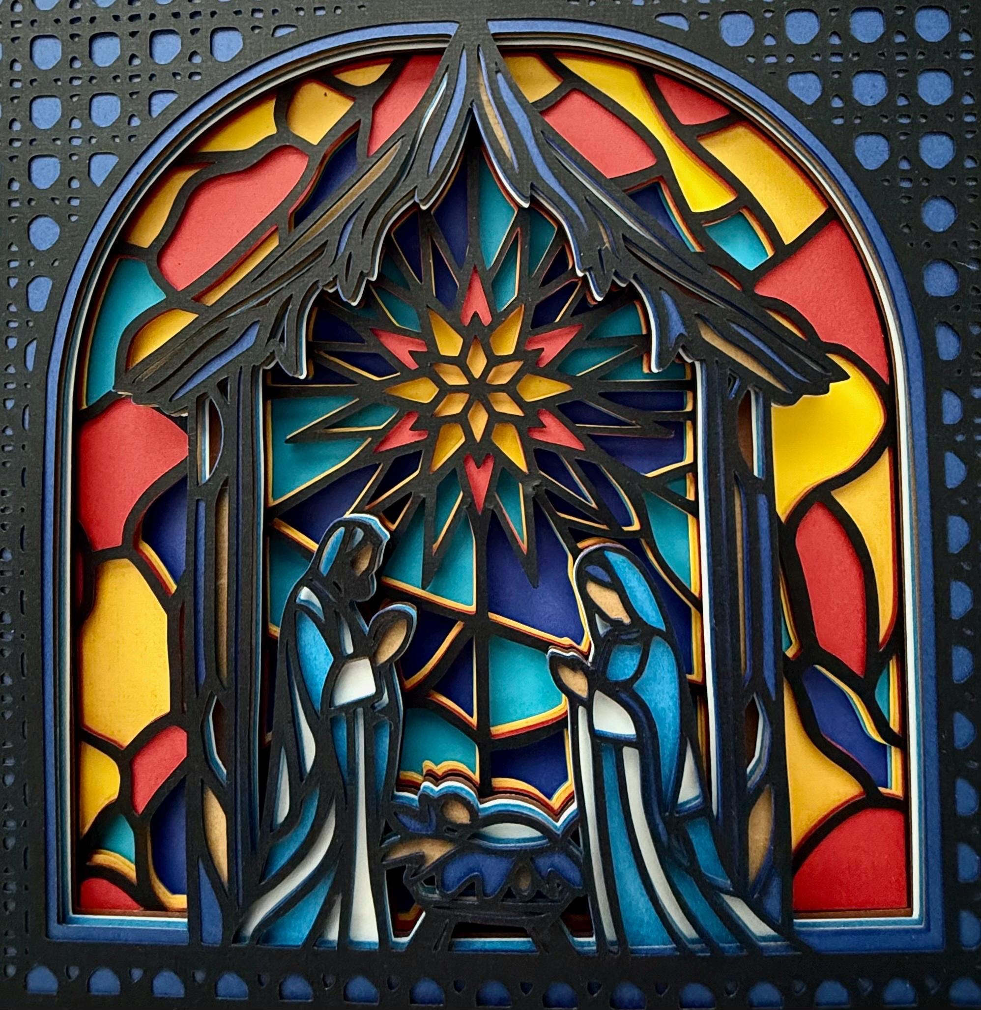 3D Stained Glass Nativity Shadow Box: Handmade Christmas Papercraft Art ...