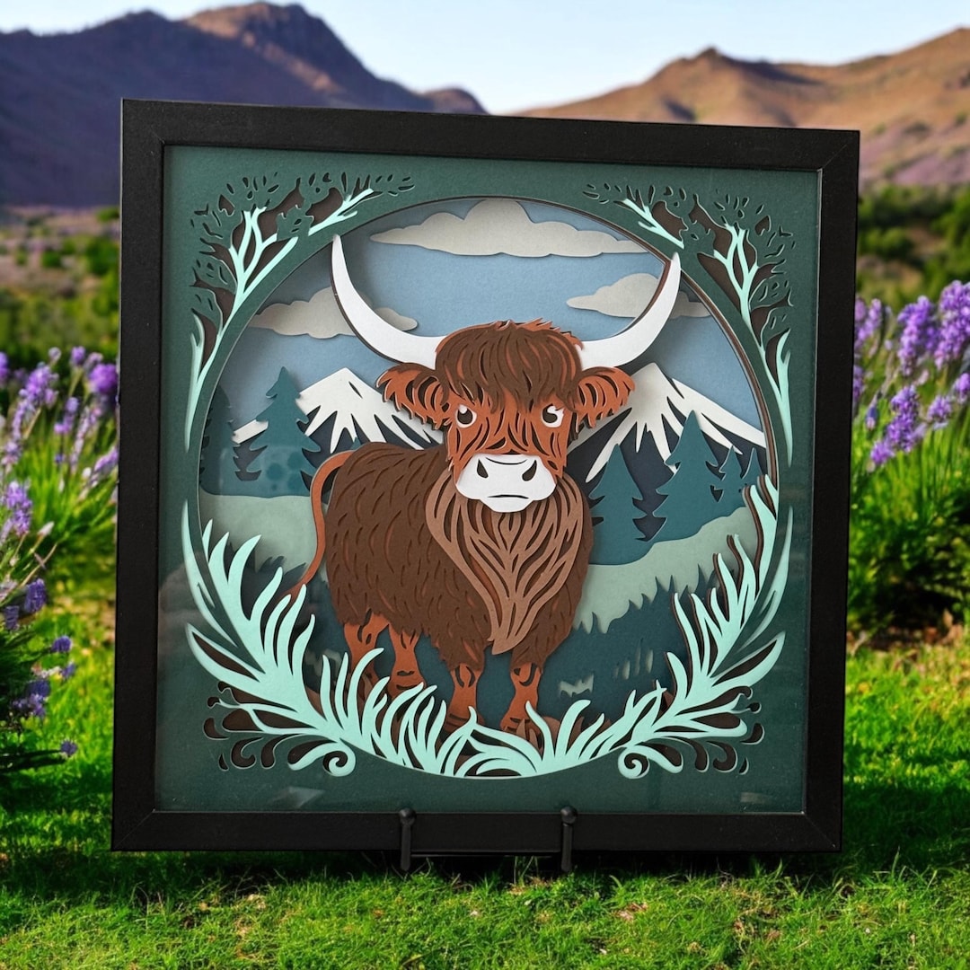 3D Highland Cow Shadow Box: Layered Paper Art, Rustic Farmhouse Decor ...
