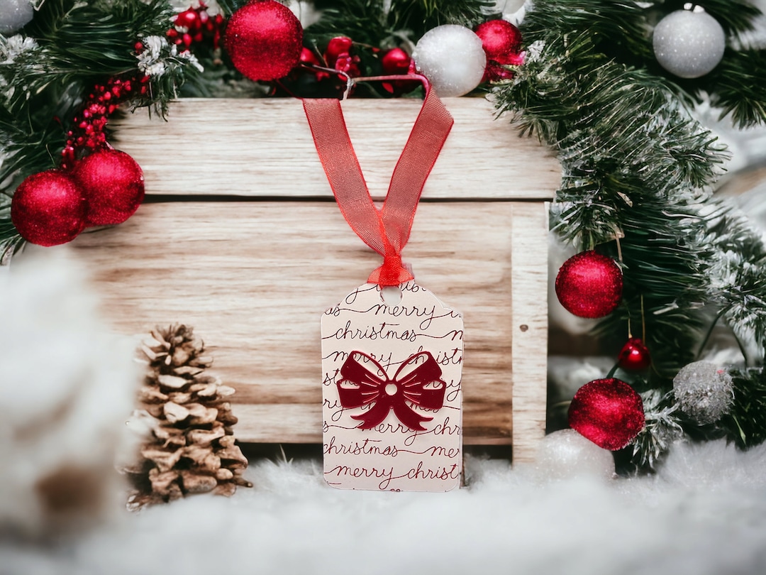 Merry Christmas Gift Tag, Red Bow Gift Tag, Holiday Party Tag ...