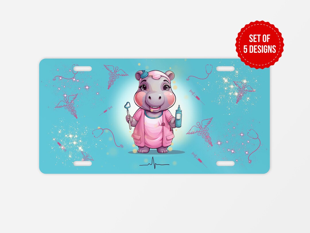 Funny Nurse License Plate Sublimation Design, Pink Medical Hippo Car ...