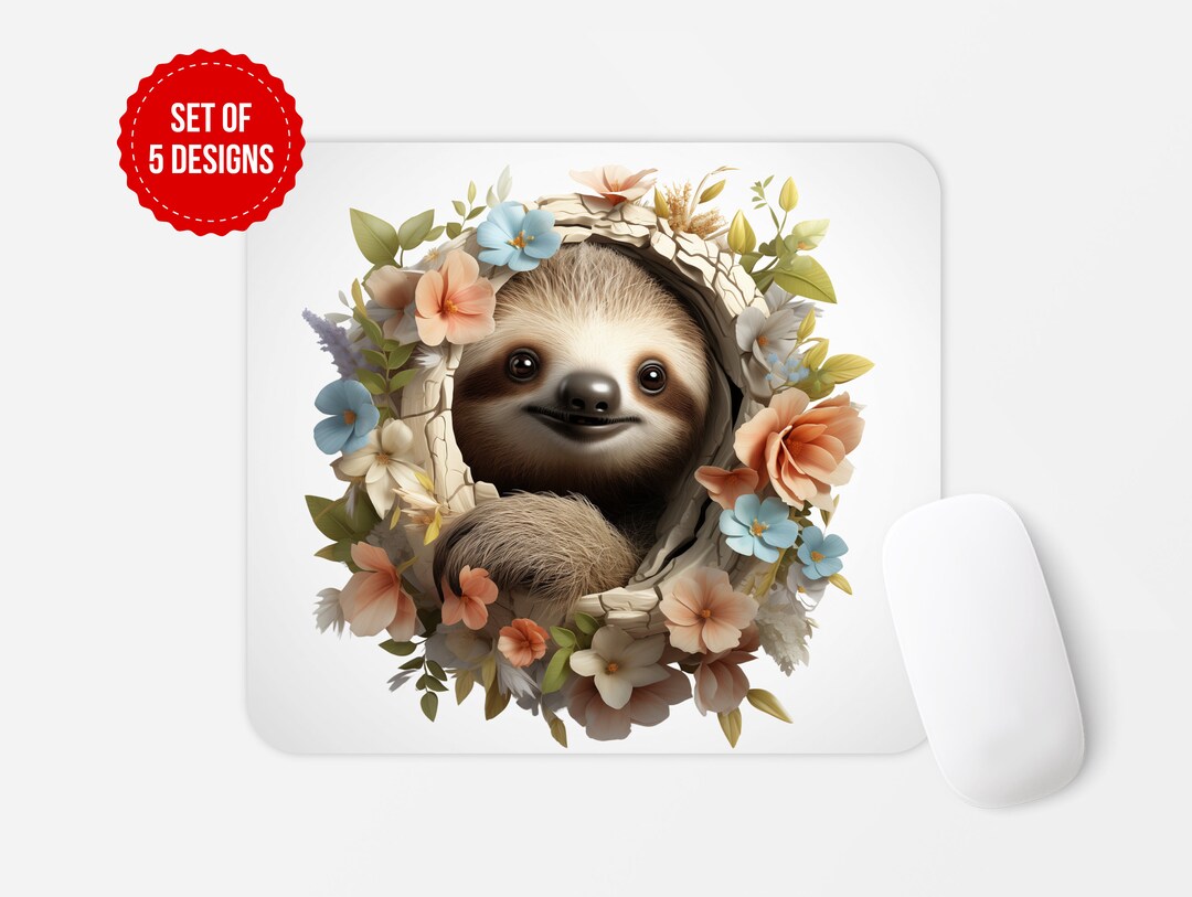 3D Cute Sloth Floral Mouse Pad PNG Sublimation Design, Square Round ...
