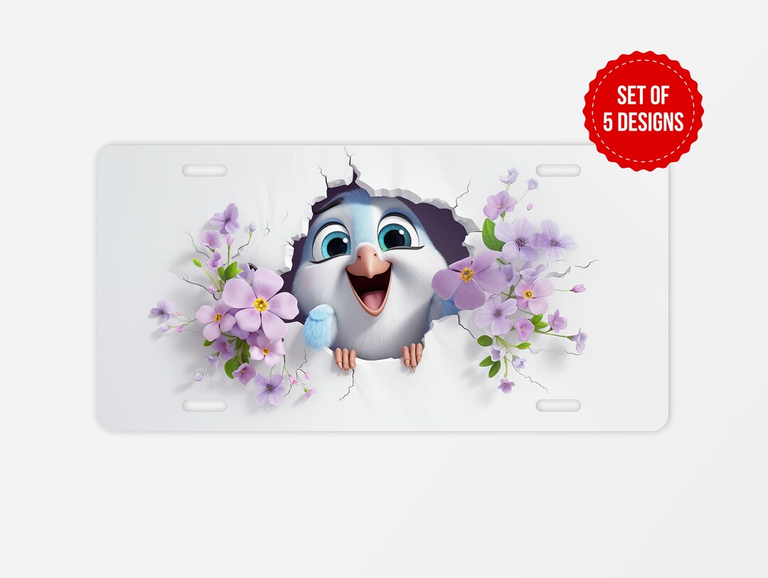 3D Cute Bird License Plate Sublimation Design, Floral Cracked Wall Kids ...