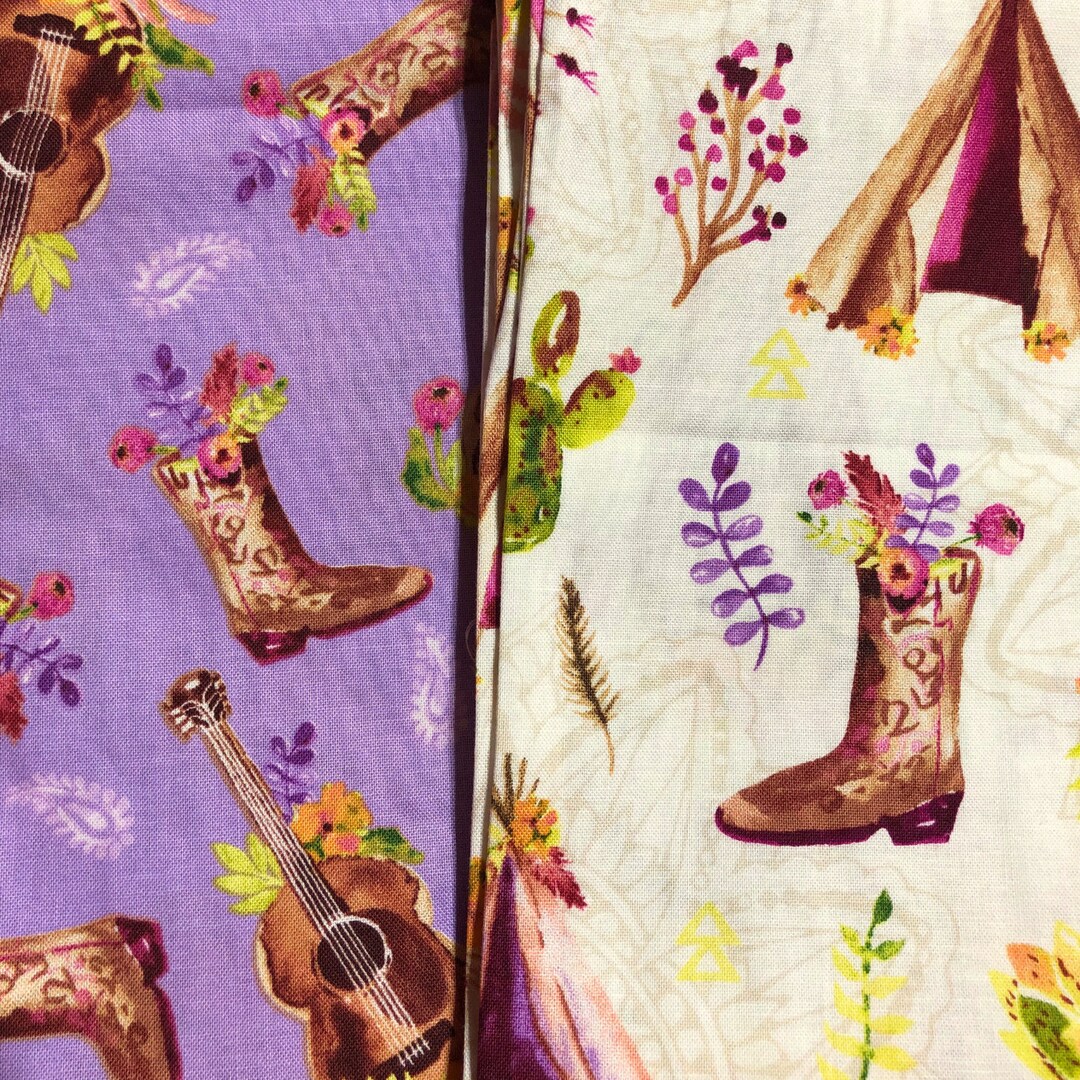 Wanderer's Weekend, Cowgirl Boots, Guitar, Teepee 100% Cotton Fabric ...