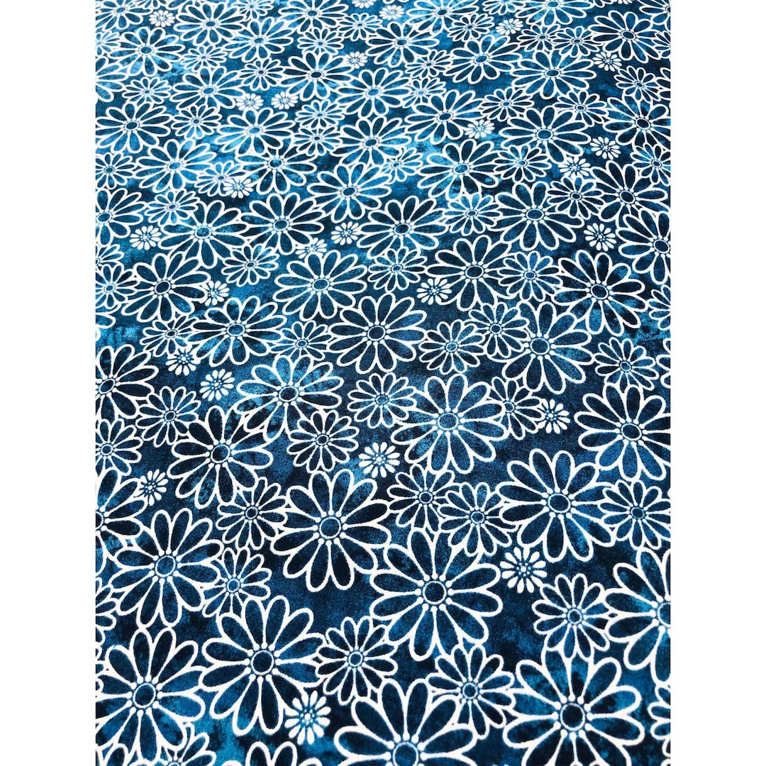 White Daisy Outlined Floral Fabric, 100% Cotton, Blue Floral, Quilting ...