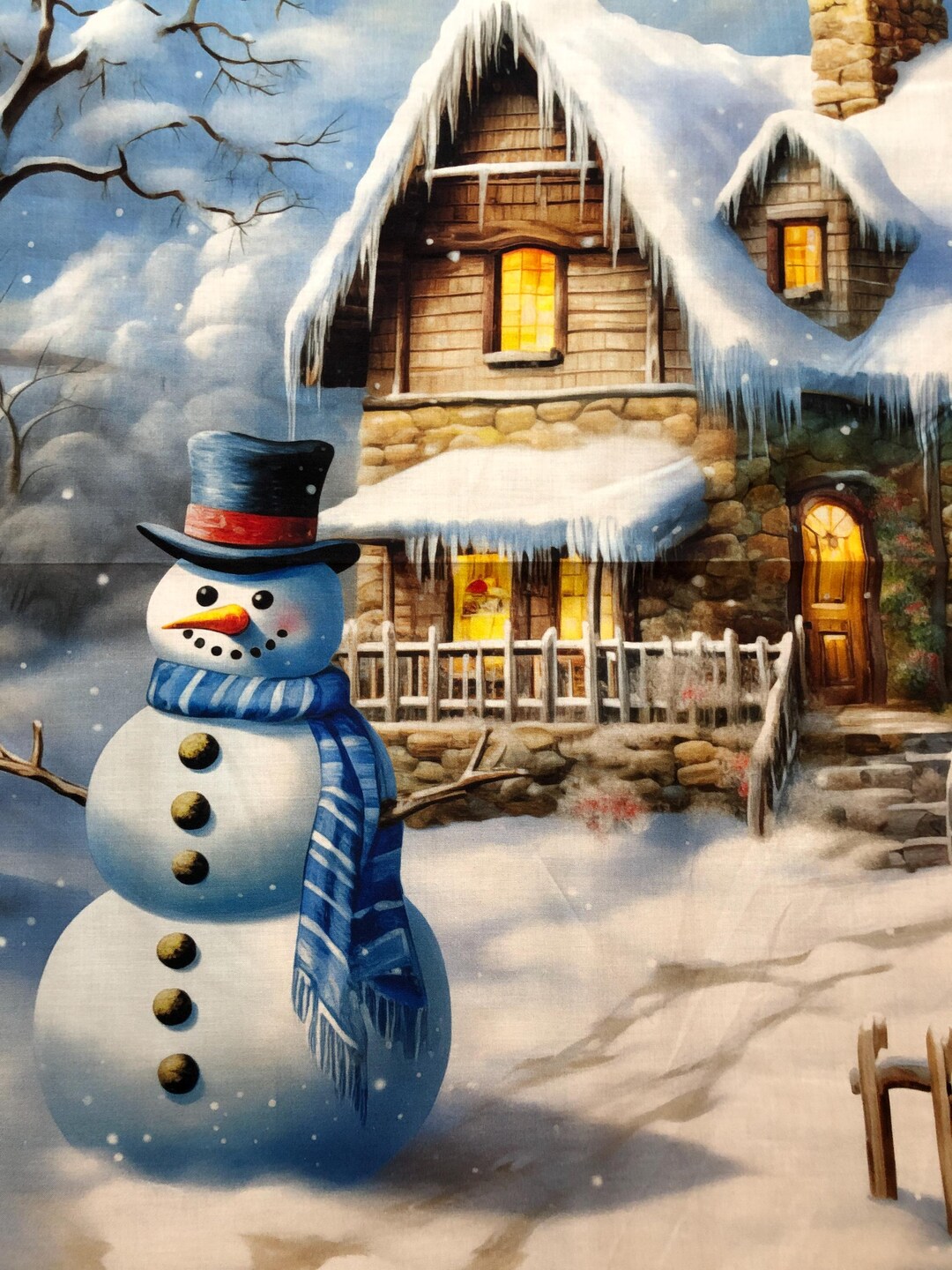 Snowman Cottage Panel, 100% Cotton, Sewing, Quilting, Christmas Fabric ...