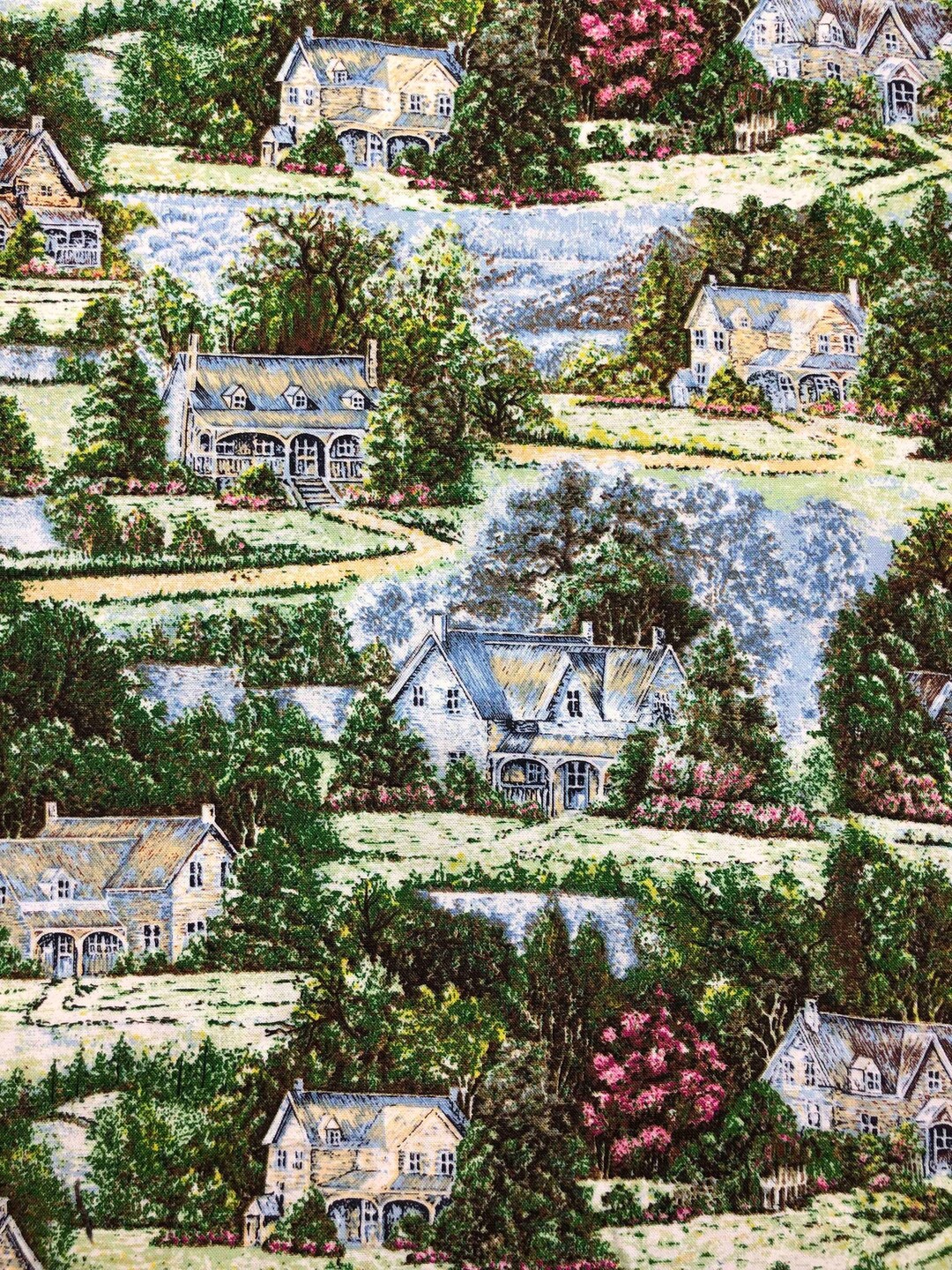 Meadow Cottages Fabric, 100% Cotton, Sewing, Quilting, Townscape, Green ...