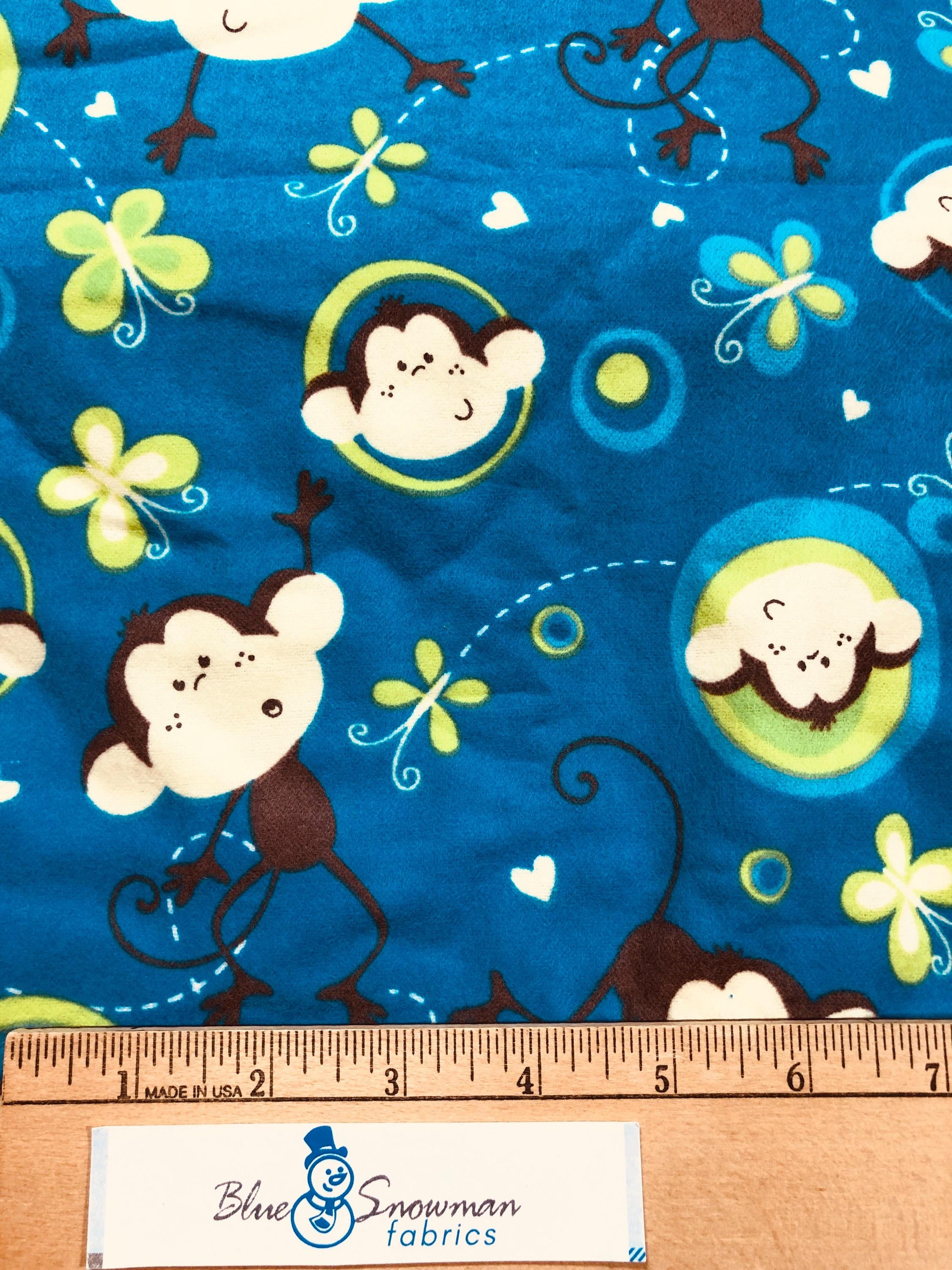 FLANNEL Cute Monkey on Blue Fabric, 100% Cotton, Sewing, Baby Fabric ...