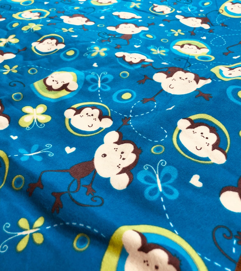 FLANNEL Cute Monkey on Blue Fabric, 100% Cotton, Sewing, Baby Fabric ...