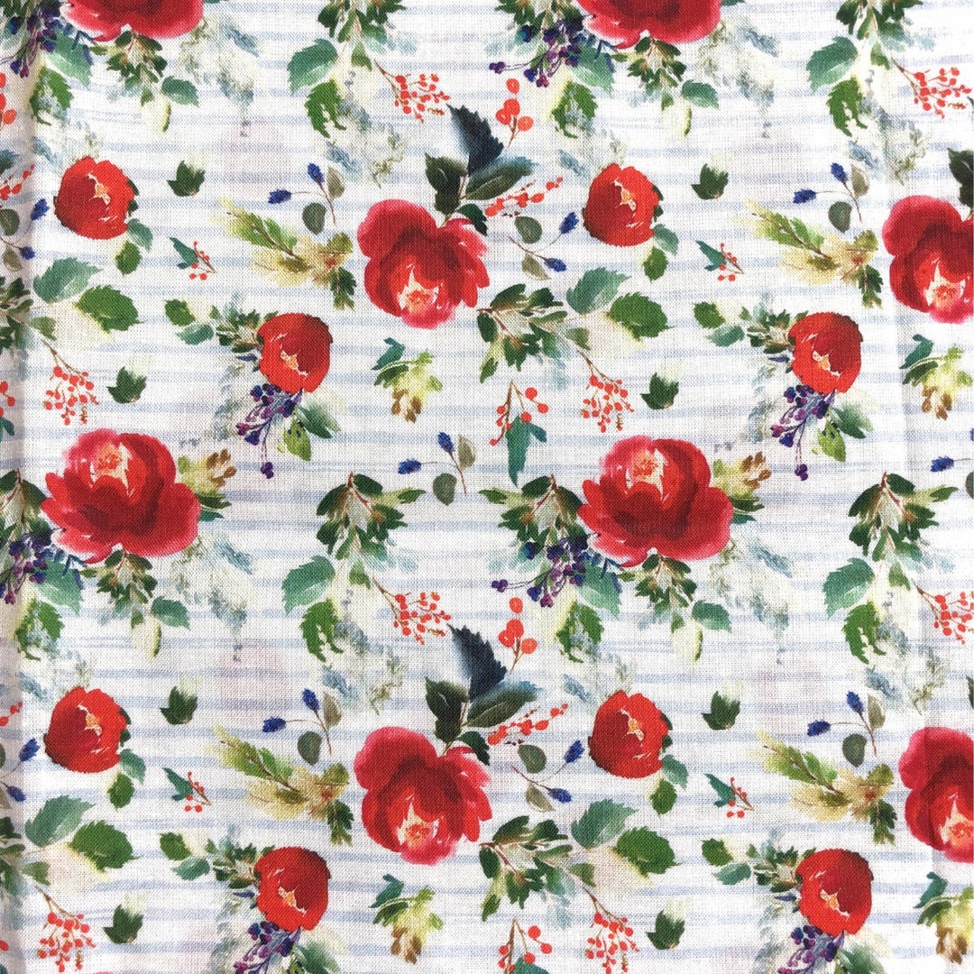 Striped Red Floral Fabric, Sewing, Quilting Fabric, Floral Fabric ...