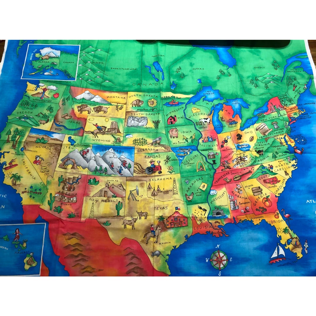 USA Map Panel, 100% Cotton Fabric, Sewing, Quilting Fabric, Cotton ...